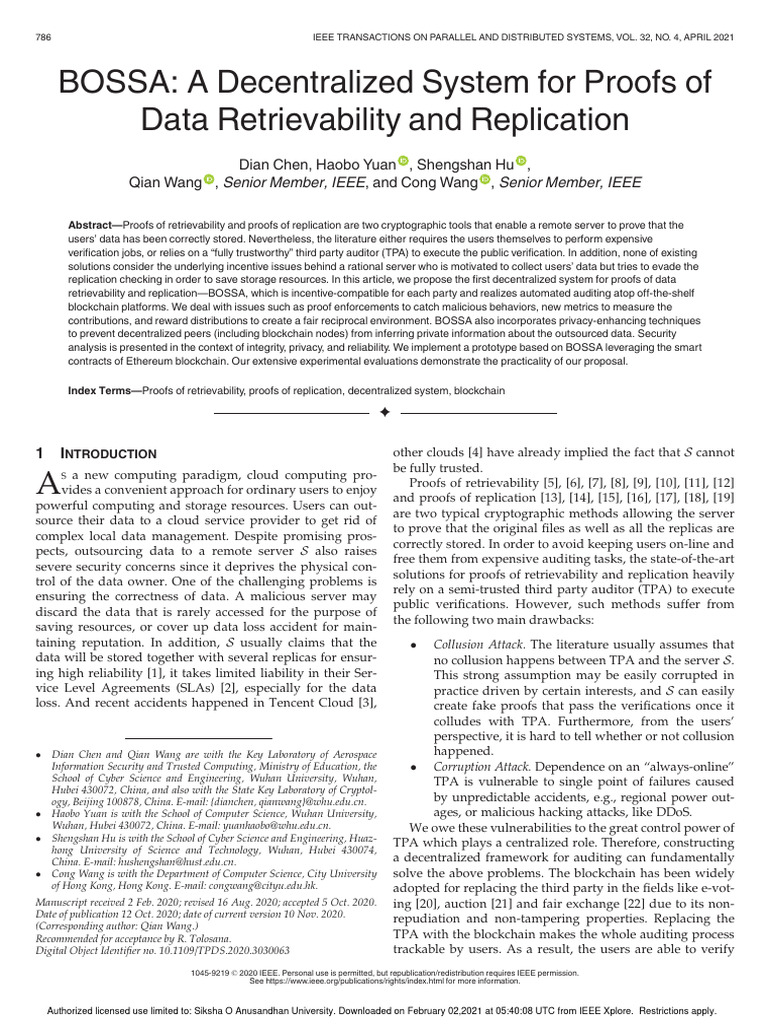 BOSSA: A Decentralized System For Proofs of Data Retrievability and Replication | PDF ...