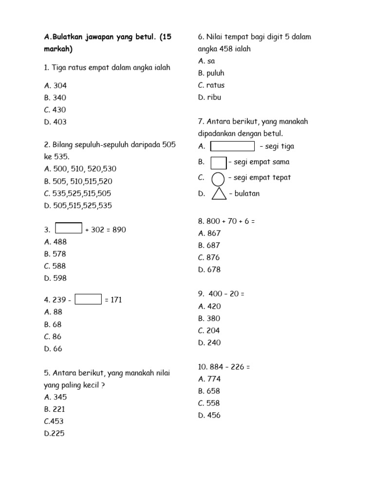Peperiksaan Matematik Pendidikan Khas Kefungsian Rendah | PDF