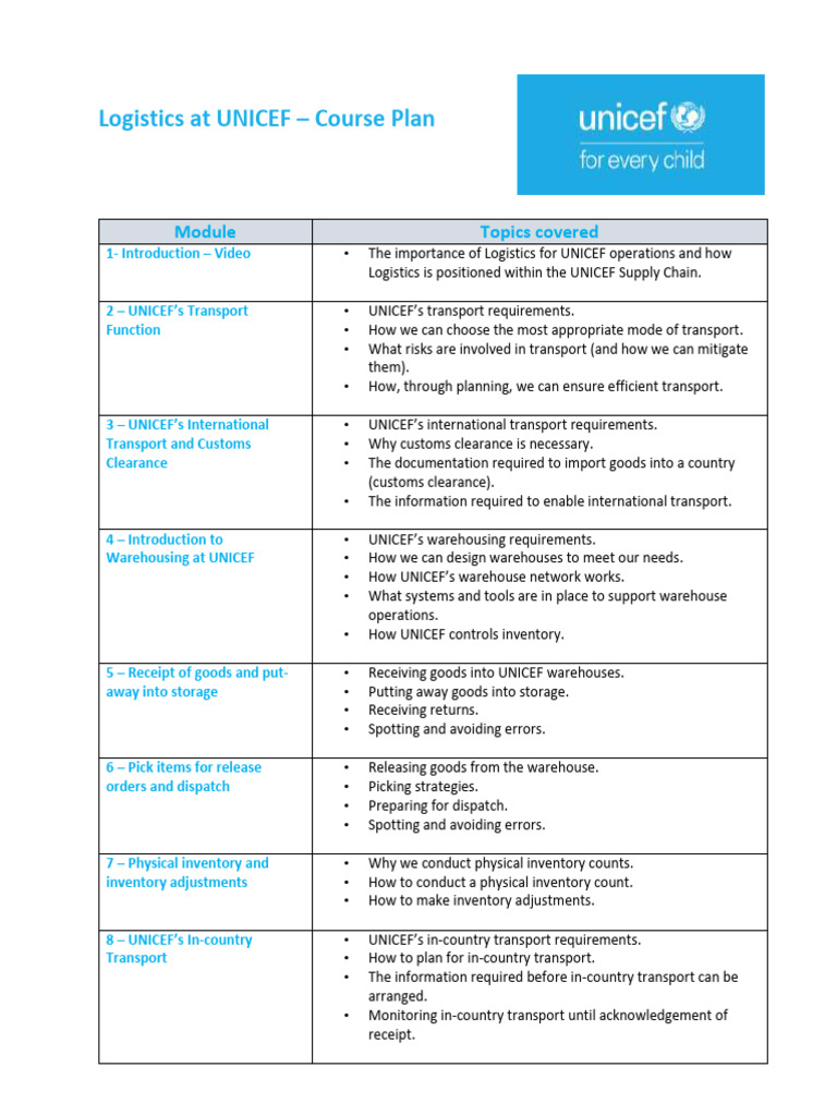 Course Plan - Logistics at UNICEF | PDF | Warehouse | Logistics