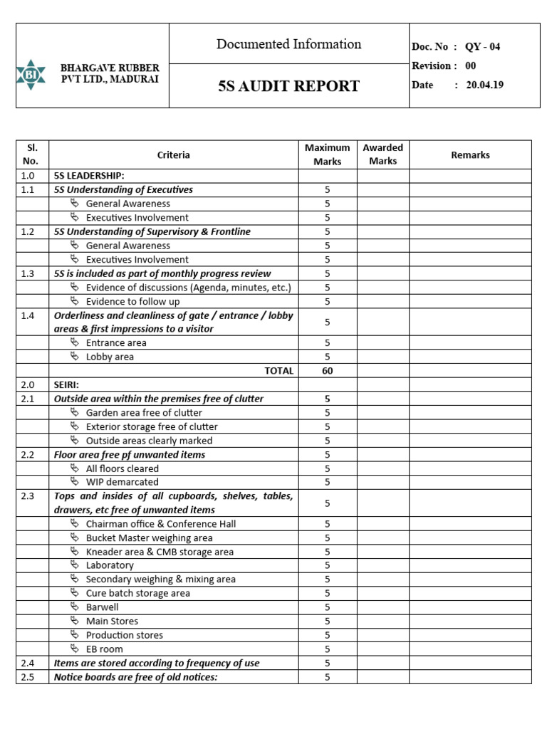 5S Audit Check Sheet | PDF