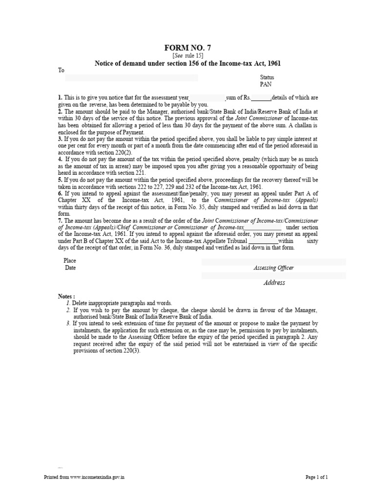 Form No. 7: Notice of Demand Under Section 156 of The Income-Tax Act ...