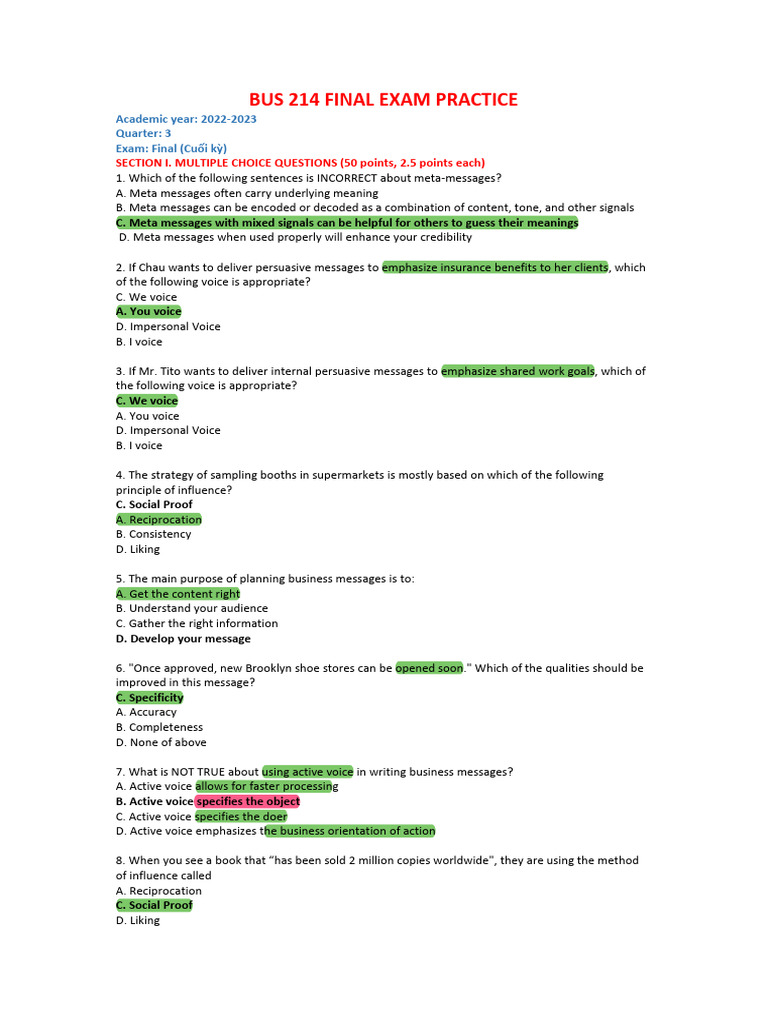 Bus 214 Final Exam | PDF | Communication | Credibility