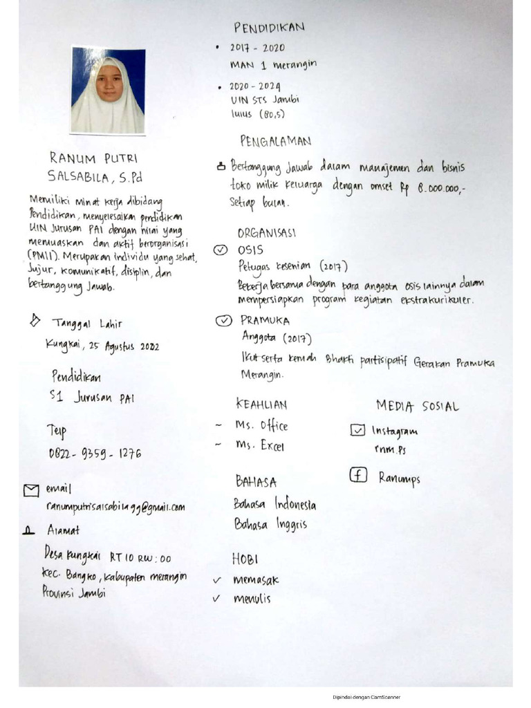 5 C PAI - CV Dan Surat Lamaran Kerja Ranum Putri - Compressed | PDF