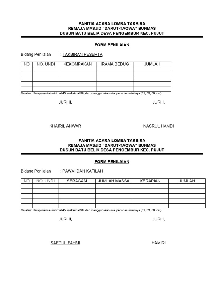 Form Penilaian Lomba Takbiran Remaja | PDF