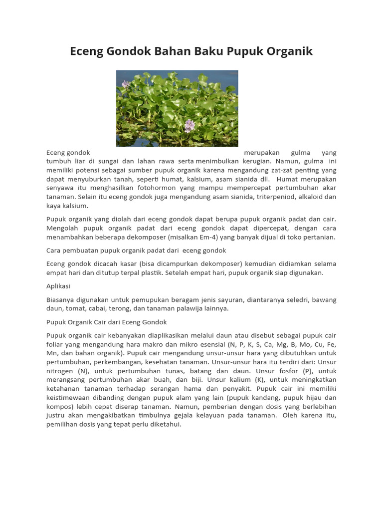 Pupuk Organik dari Eceng Gondok | PDF
