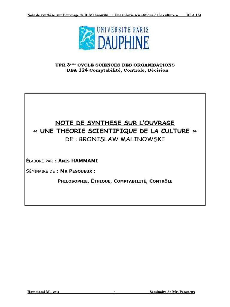 Note de Synthese Sur L'Ouvrage Une Theorie Scientifique de La Culture | PDF