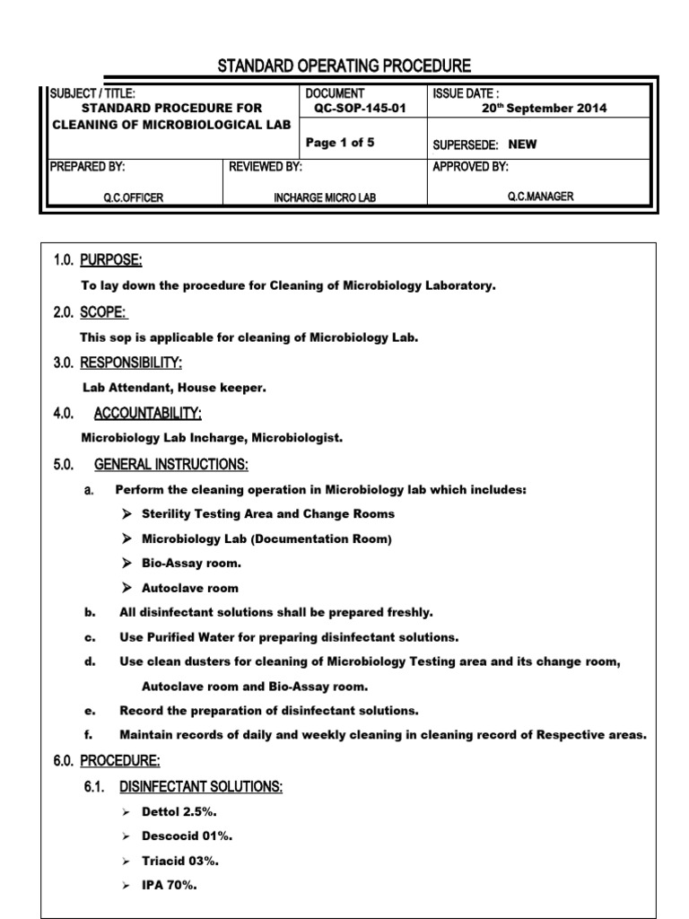 Standard Operating Procedure For Cleaning of Microbiological Lab | PDF ...
