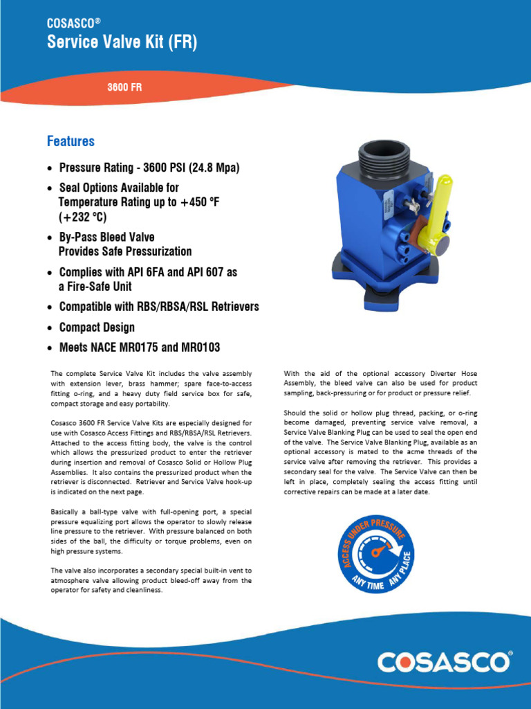 Cosasco - 3600FR - Single - Service - Valve - Kit Datasheet | PDF