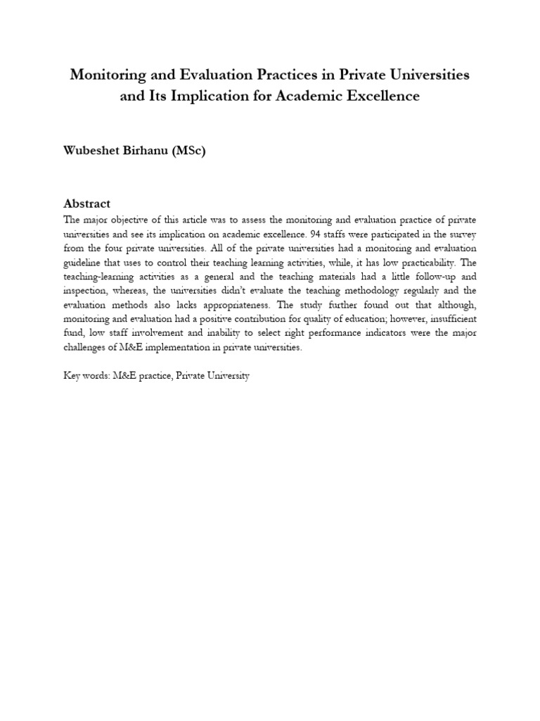 Monitoring and Evaluation Practices in Private Universities and Its Implication For Academic ...
