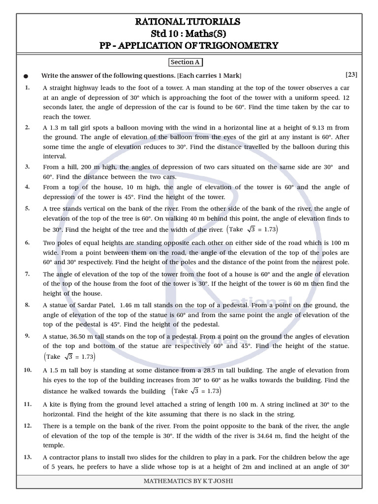 PP APPLICATIONOFTRIGONOMETRY - D05 Oct 2023 | PDF | Angle | Flag