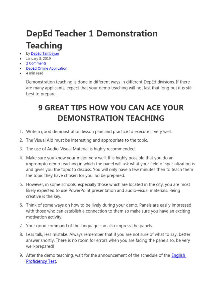 DepEd Teacher 1 Demonstration Teaching | PDF | Teachers | Pedagogy