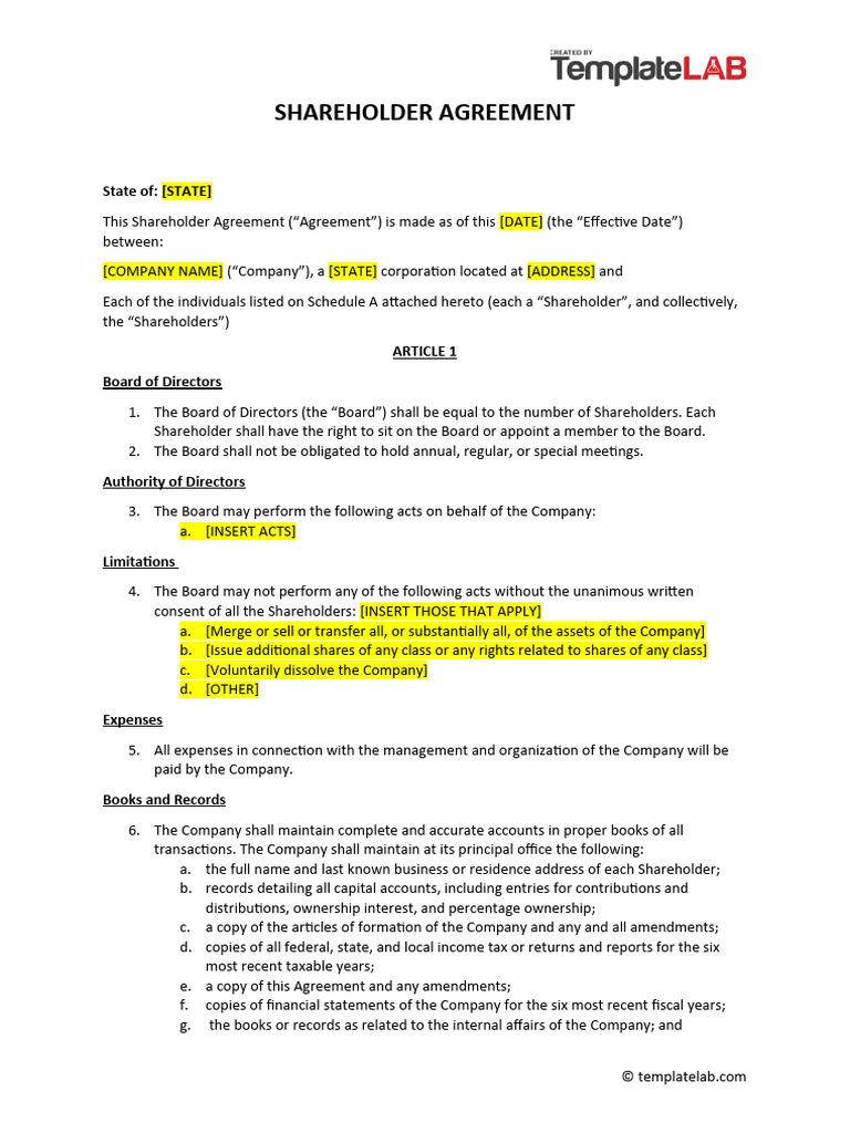 Shareholder Agreement Template | Download Free PDF | Government | Business