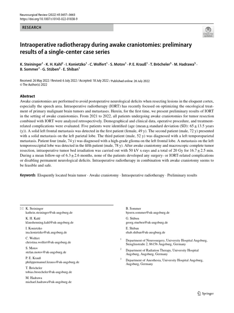 Intraoperative Radiotherapy During Awake Craniotomies - Preliminary Results of A Single-Center ...