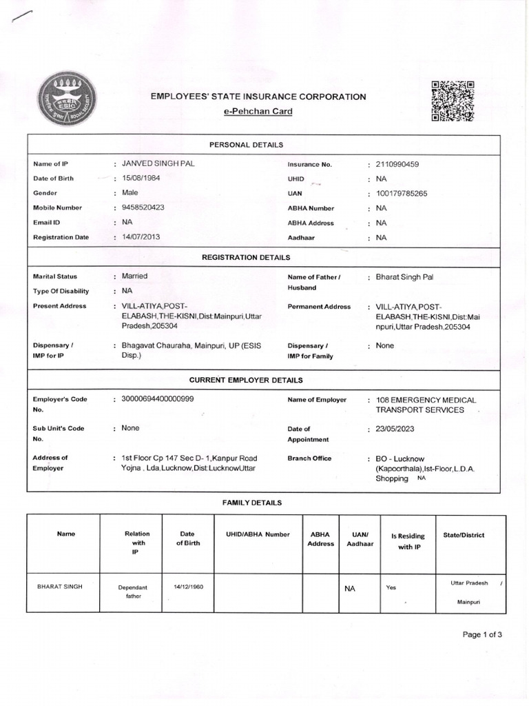 ESIC Card of Mr. Janveed | PDF