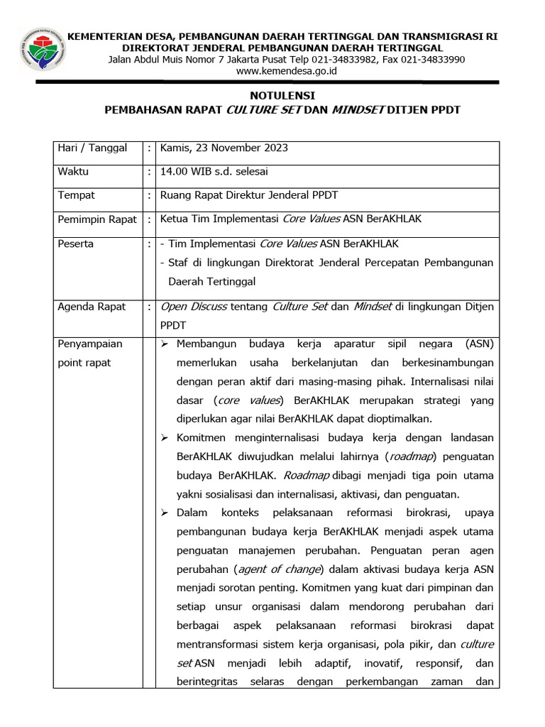 Notulensi Rapat Culture Set and Mind Set | PDF | Karier & Perkembangan | Bisnis