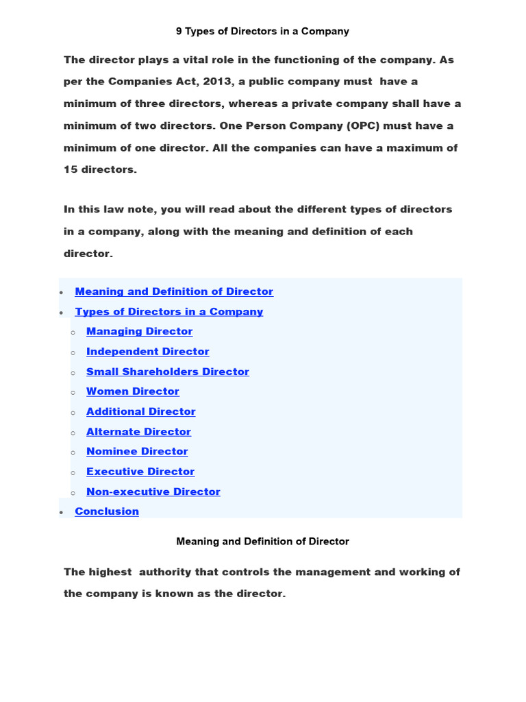 9 Types of Directors in a Company | PDF