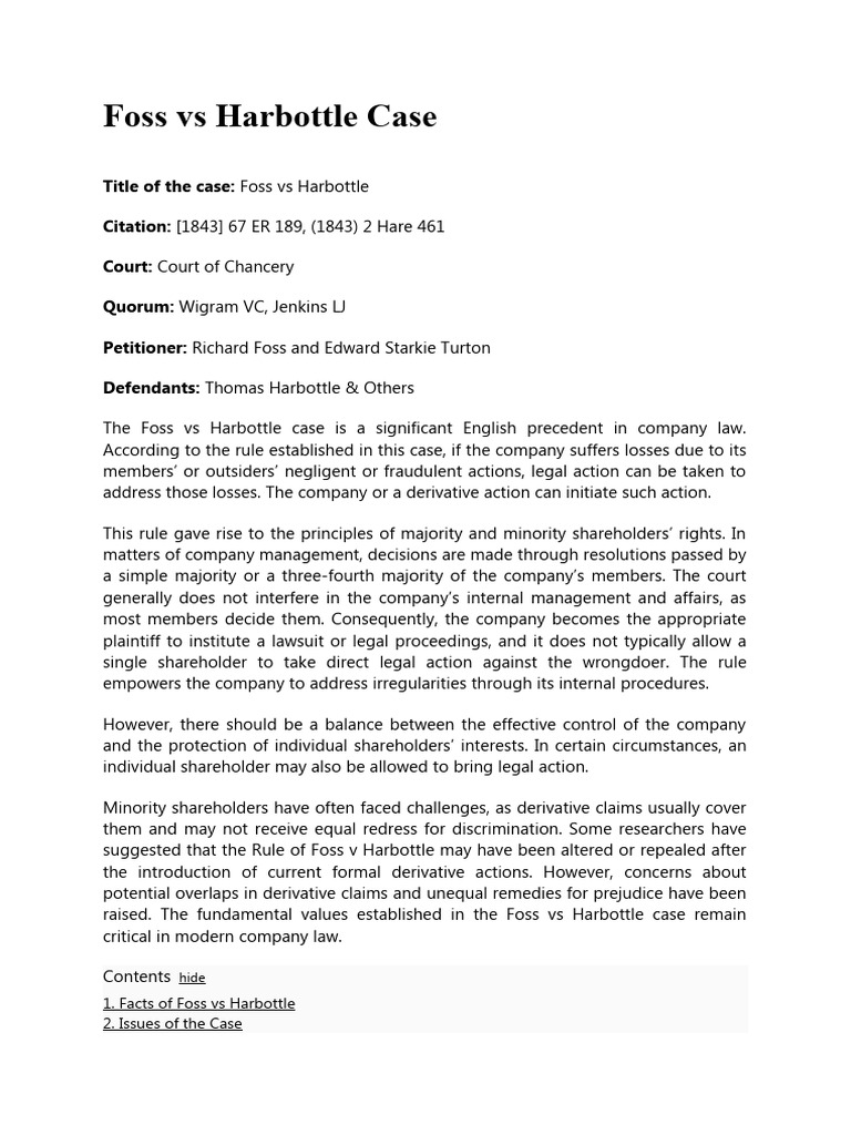 Foss Vs Harbottle Case | PDF | Lawsuit | Justice