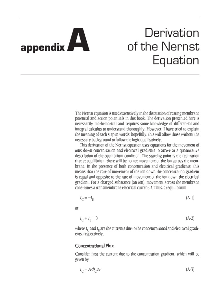 Cellular Physiology of Nerve and Muscle - 2002 - Matthews - Derivation of The Nernst Equation | PDF