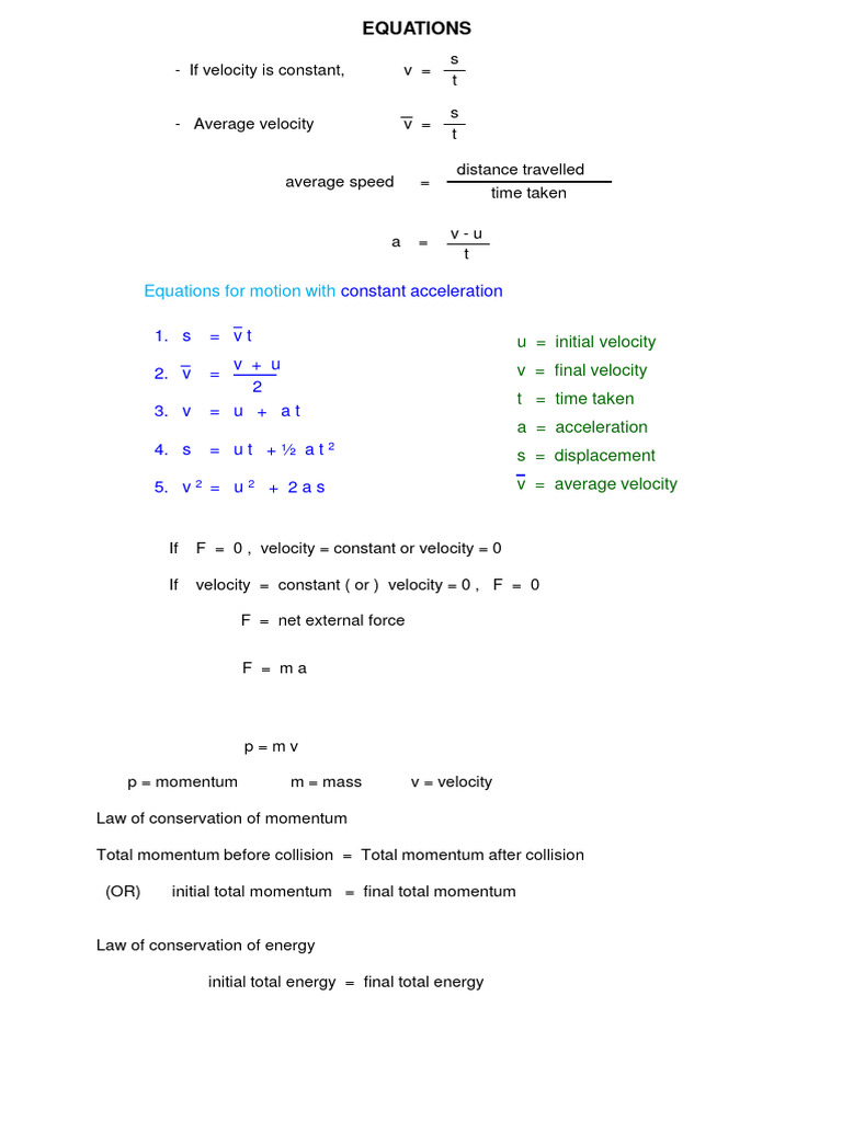 Equations | PDF | Momentum | Velocity
