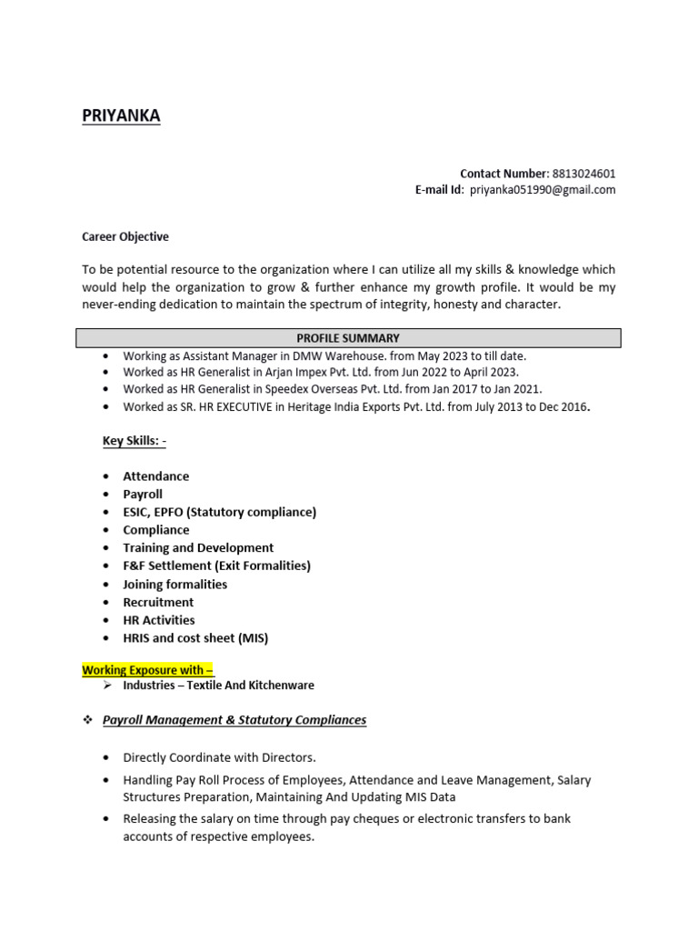 Priyanka CV 2023 | PDF | Employment | Recruitment
