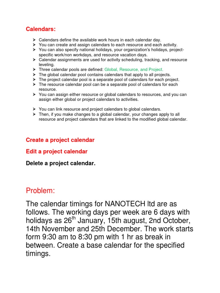 Creating and Managing Project Calendars | PDF