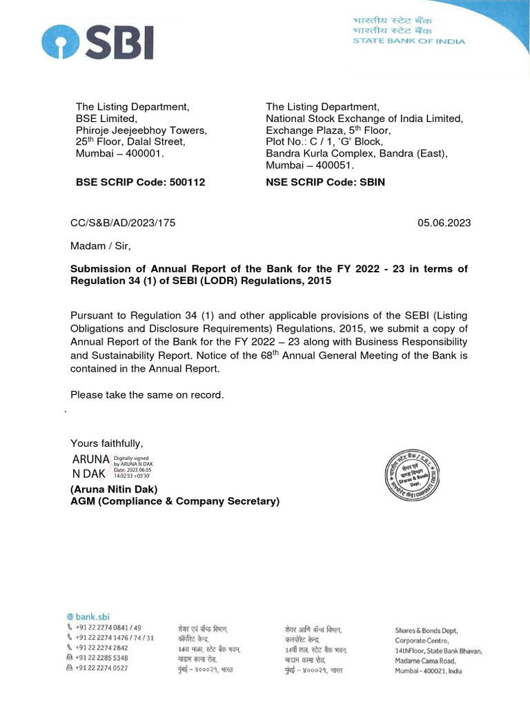 BSE SCRIP Code: 500112 Nse Scrip Code: Sbin: Aruna N Dak | PDF