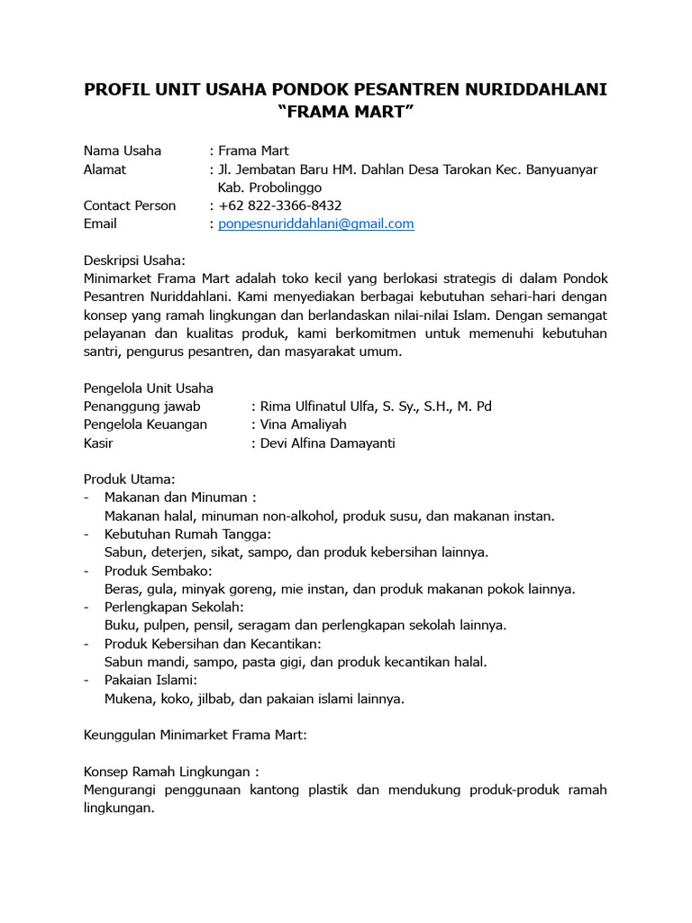 Profil Unit Usaha Pondok Pesantren Nuriddahlani | PDF