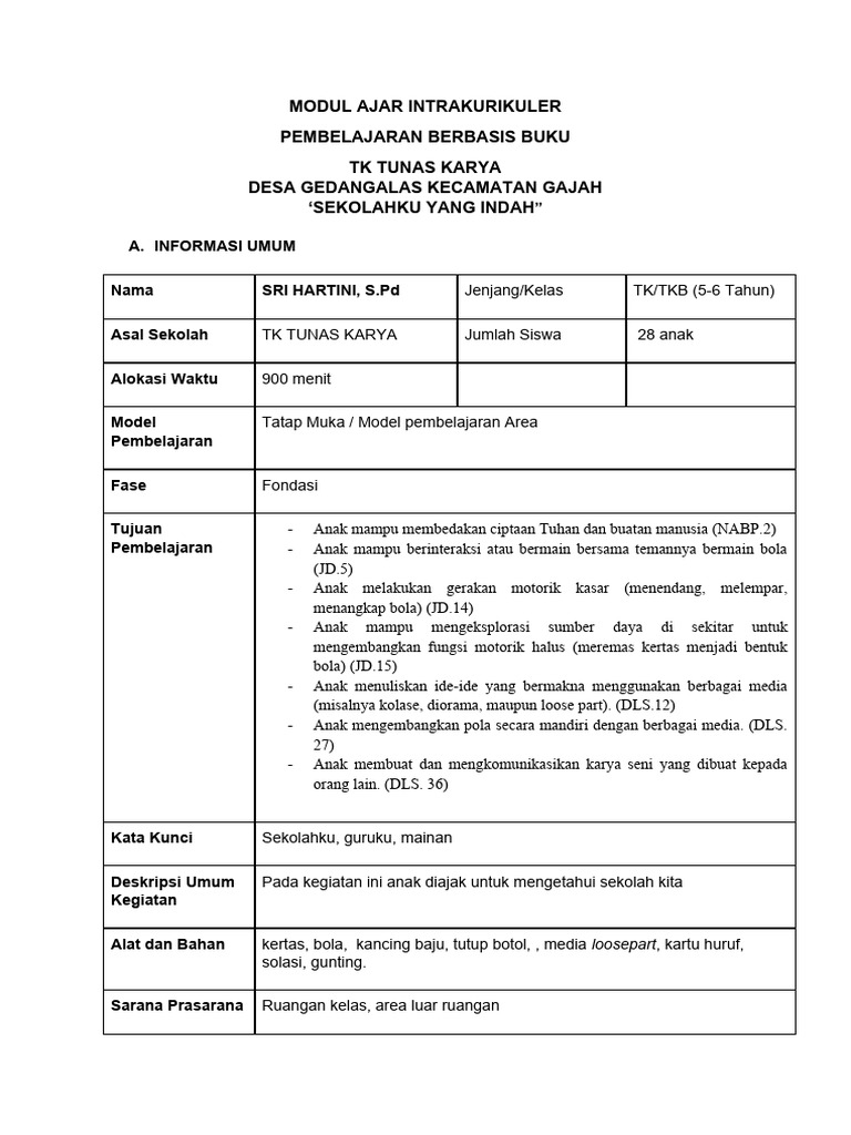 MODUL AJAR TK B SEKOLAH YANG INDAH | PDF