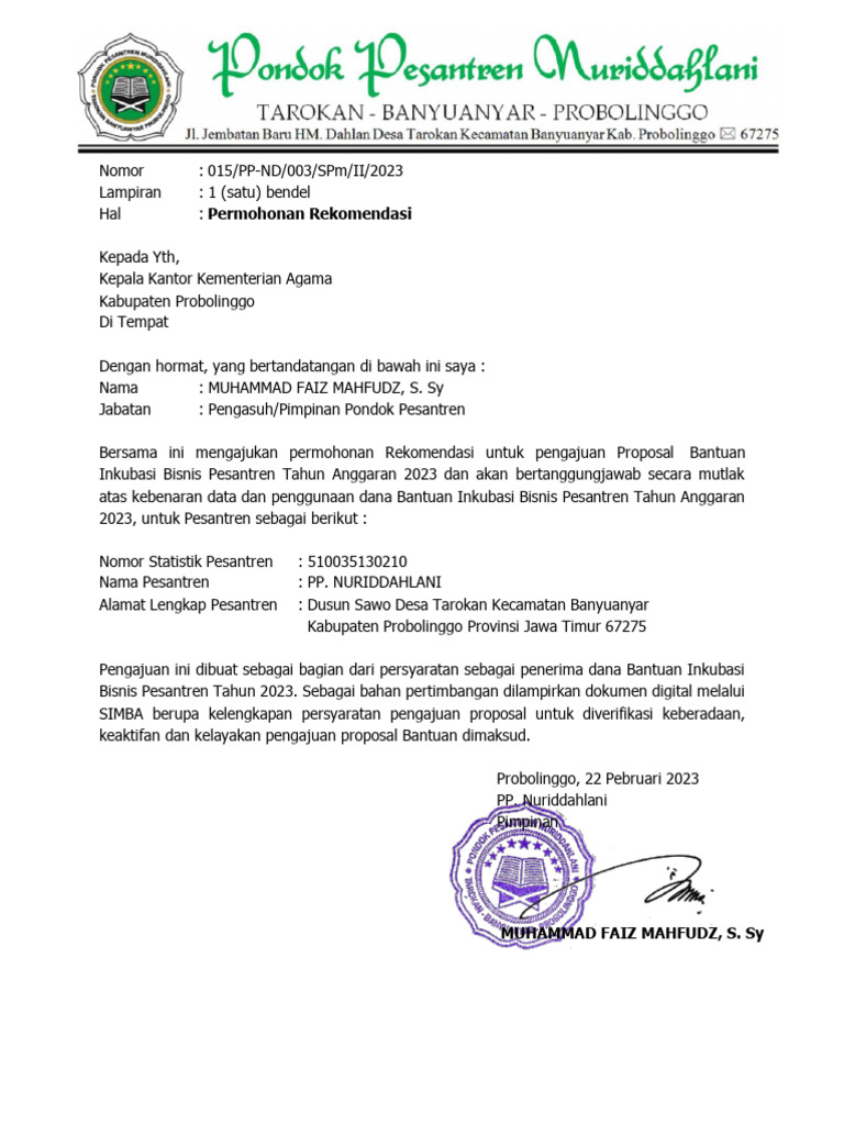 INKUBASI Permohonan Rekomendasi | PDF