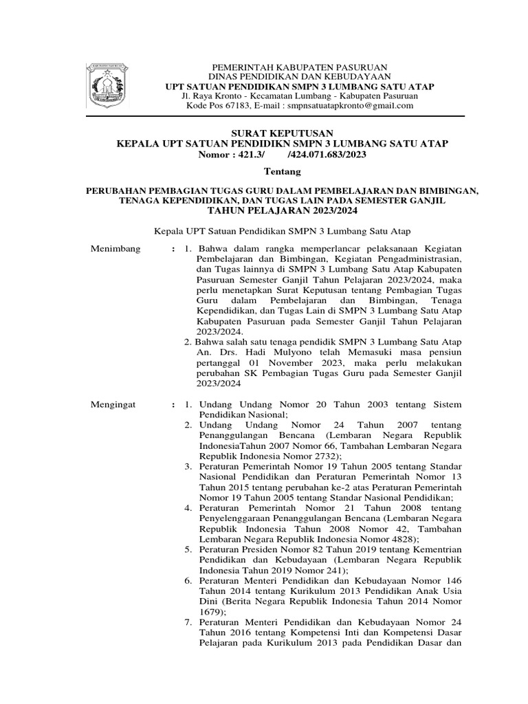 SK Pembagian Tugas Sem Ganjil 2023-2024 FIX Per 30 Oktober 2023 | PDF