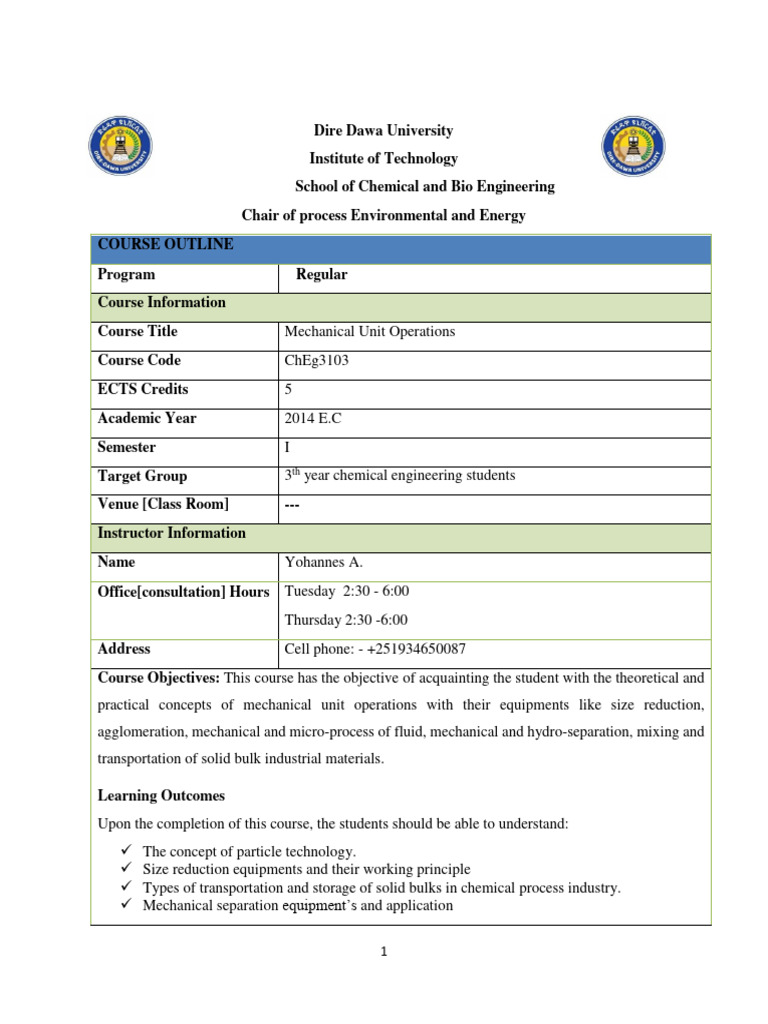 Mechanical Unit Operations Course Outline | PDF | Fluidization | Transport