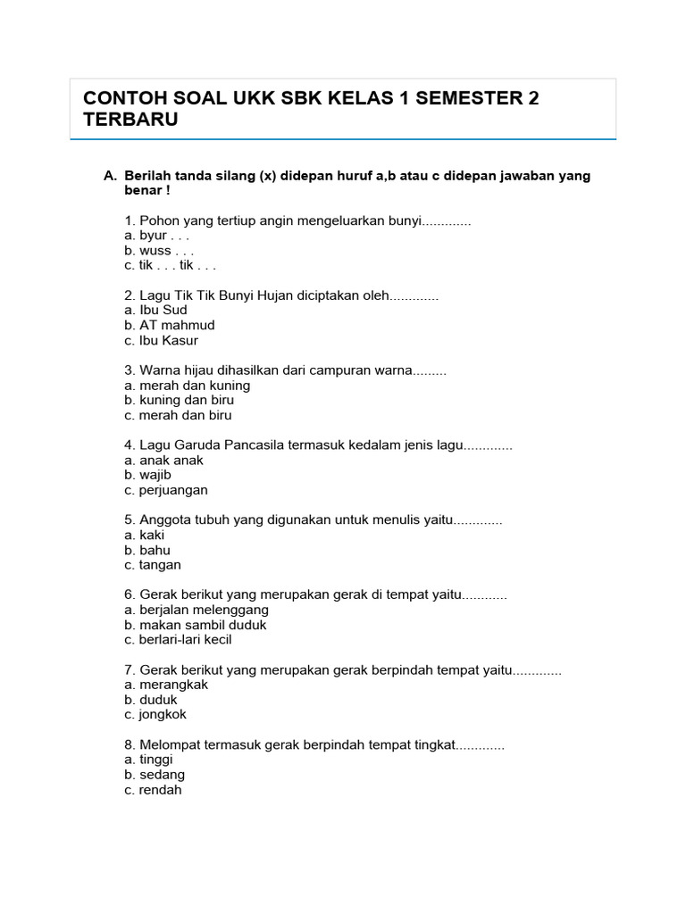 Contoh Soal Ukk SBK Kelas 1 Semester 2 Terbaru | PDF