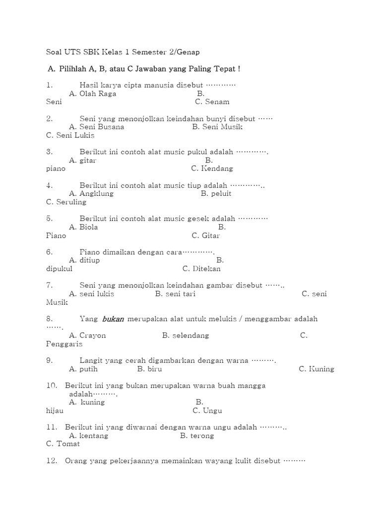 Soal UTS SBK Kelas 1 Semester 2 | PDF