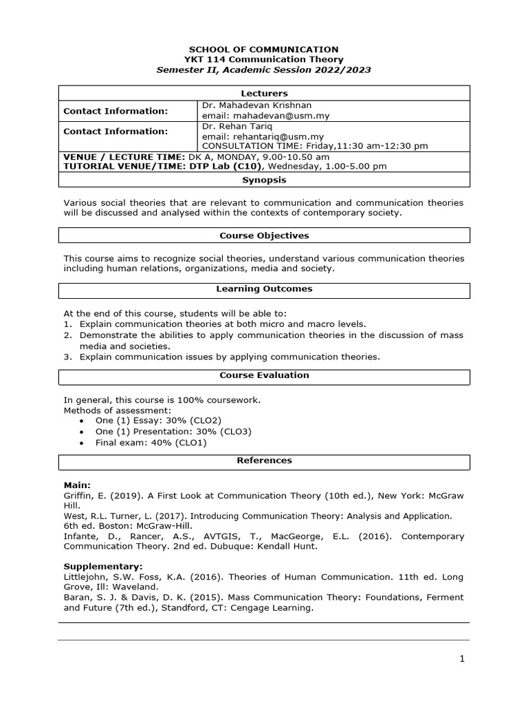 YKT 114_COMMUNICATIONS THEORY_COURSE OUTLINE | PDF | Communication | Theory
