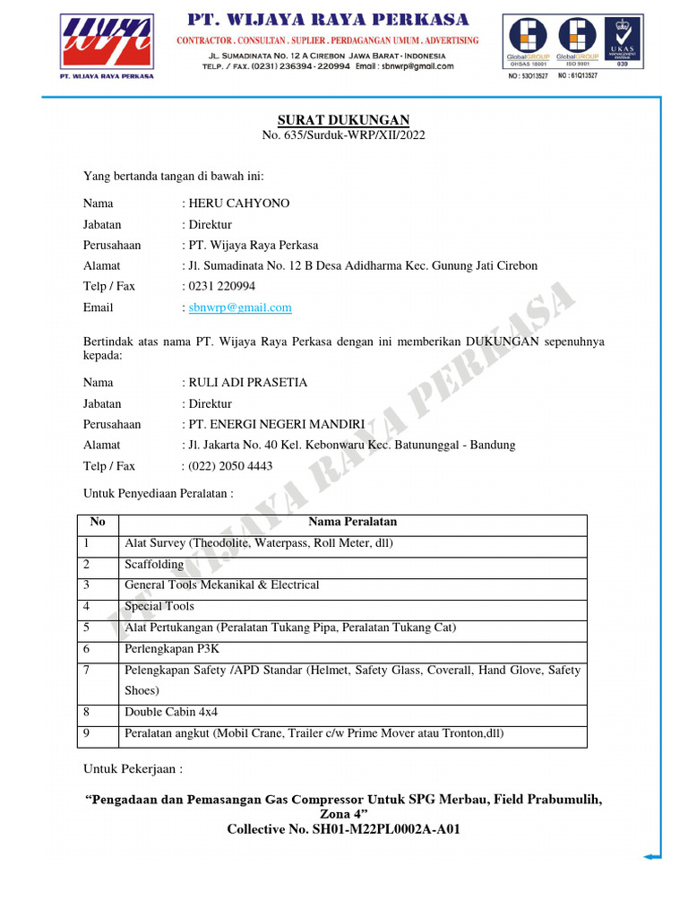 Surat Dukungan Peralatan | PDF