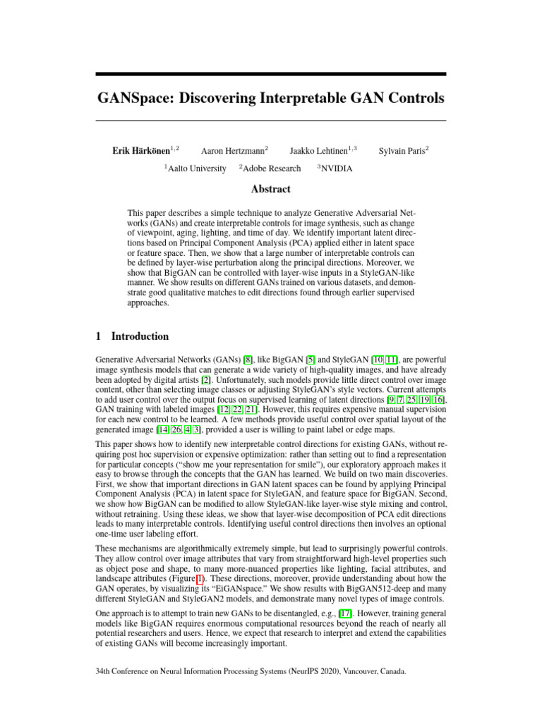 NeurIPS 2020 Ganspace Discovering Interpretable Gan Controls Paper | PDF | Science & Mathematics