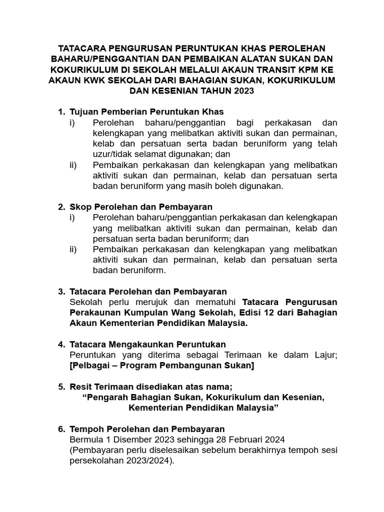 Tatacara Pengurusan Peruntukan Khas Penggantian Alatan Sukan Dan ...