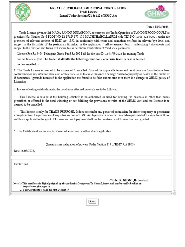 GHMC Trade License Certificate Details | PDF | Finance & Money ...