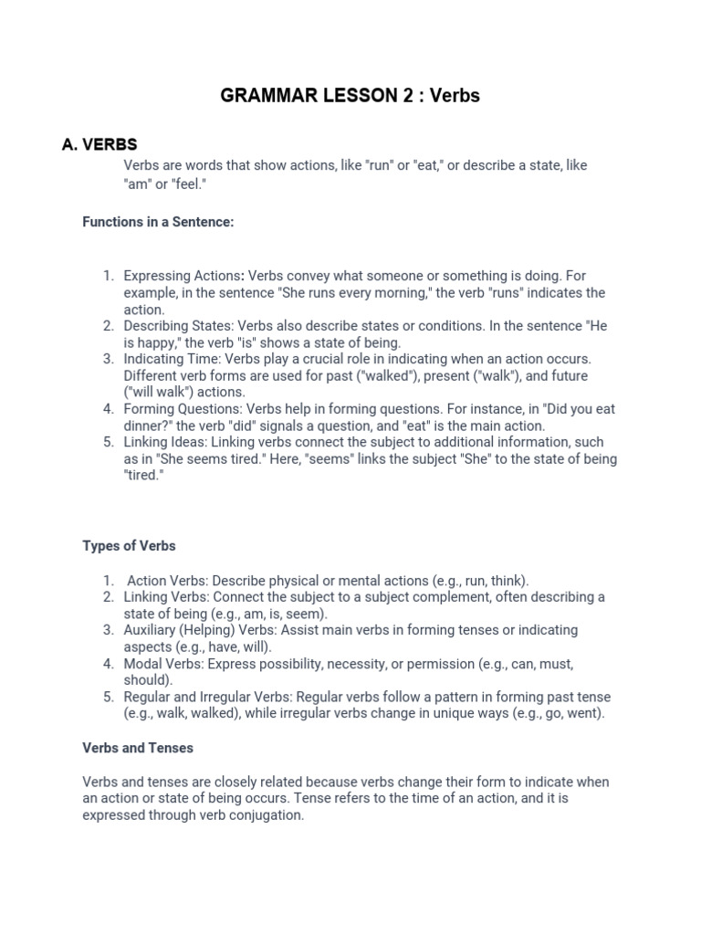 Grammar Lesson 2 - Verbs | PDF | Grammatical Tense | Verb