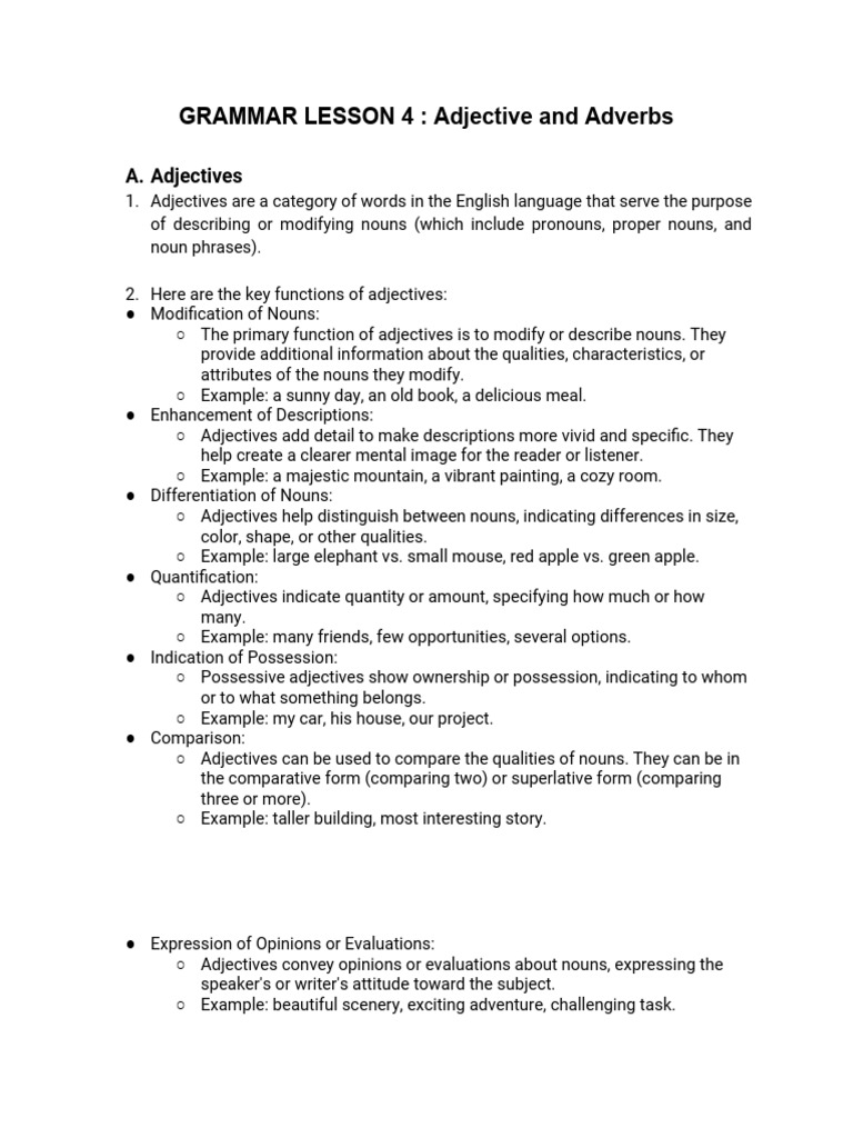 GRAMMAR LESSON 4 - Adjective and Adverbs | Download Free PDF ...