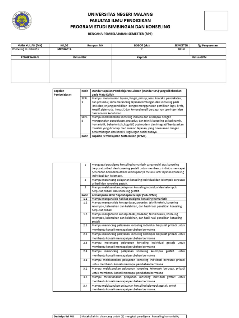 RPS Konseling Humanistik - Format 2023 | PDF