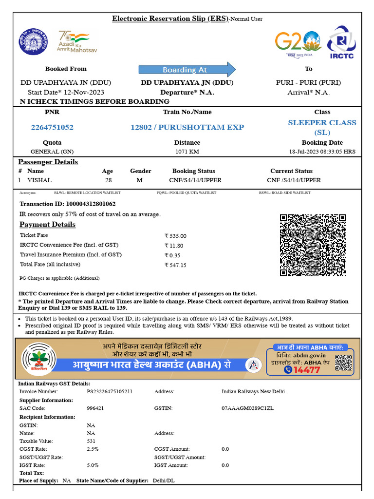 Purushottam Exp Sleeper Class (SL) | PDF | Identity Document