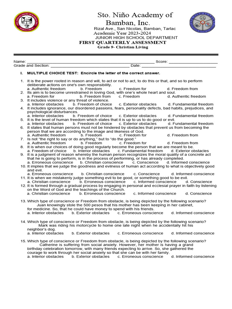 1st Quarterly Exam Grade 9 - CLE | PDF