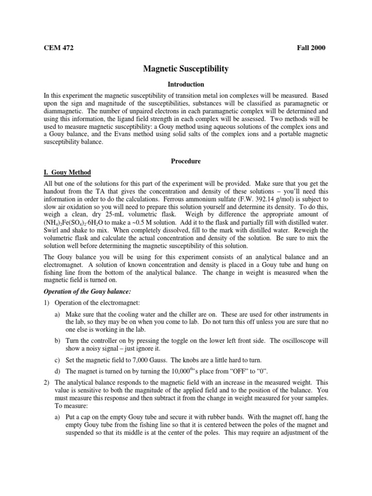Determining Magnetic Susceptibilities of Transition Metal Complexes Using Gouy and Evans Methods ...