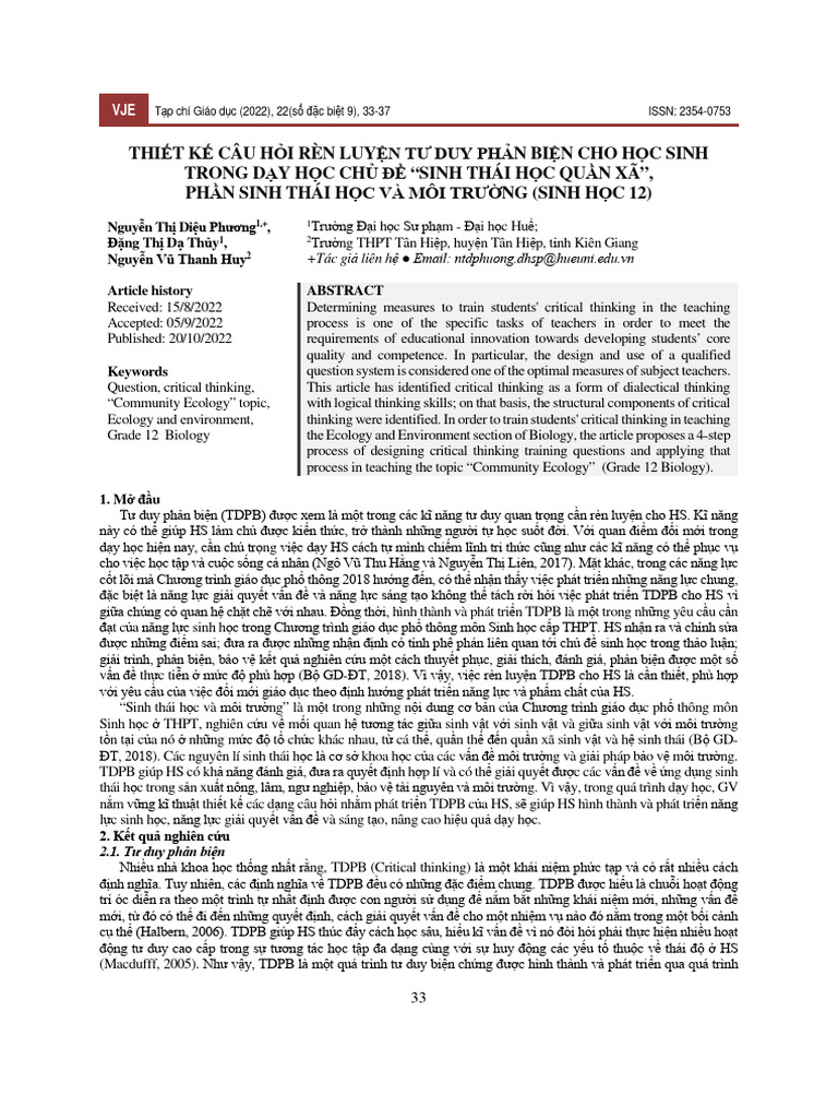 B - Thiết Kế Câu Hỏi Rèn Luyện Tư Duy Phản Biện Cho Học Sinh Trong Dạy Học Chủ Đề "Sinh Thái Học ...