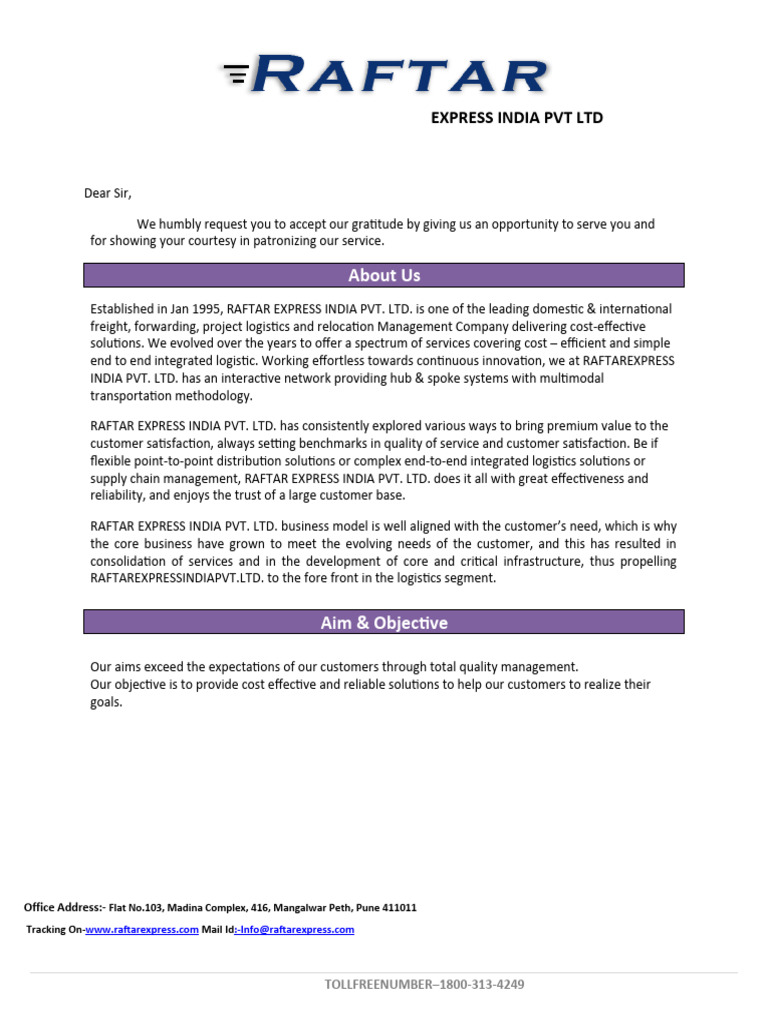 Raftar Express India PVT LTD Profile. | PDF