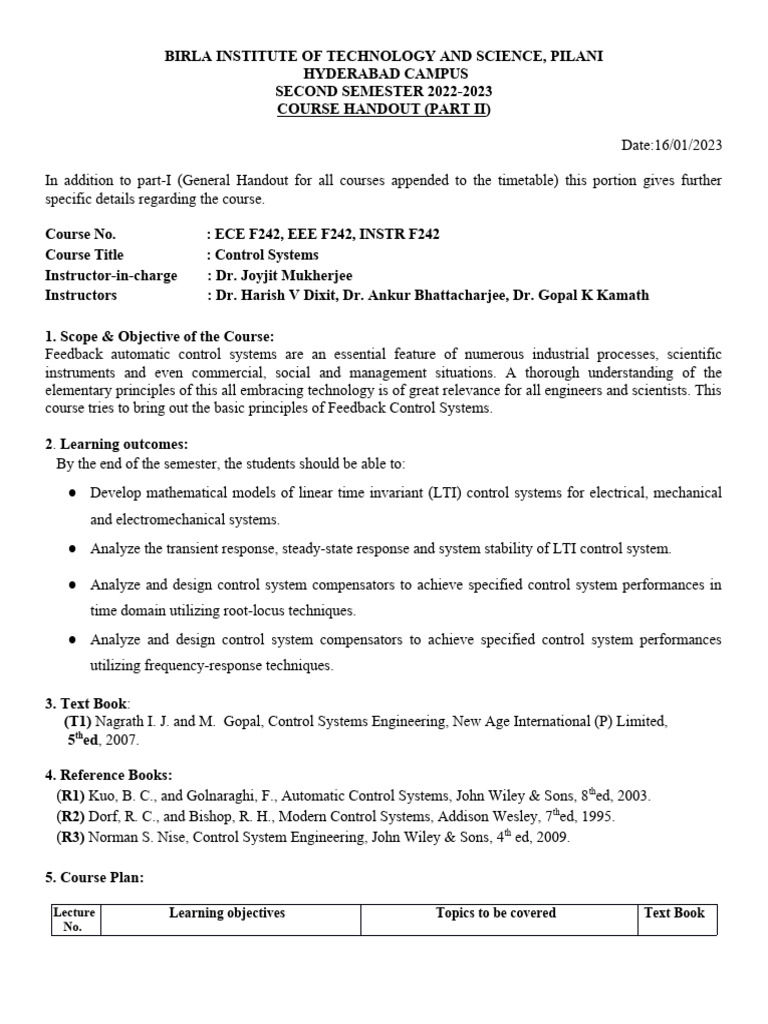 Eceeeeinstr F242 Control Systems - Handout | PDF | Control Theory | Mechanics