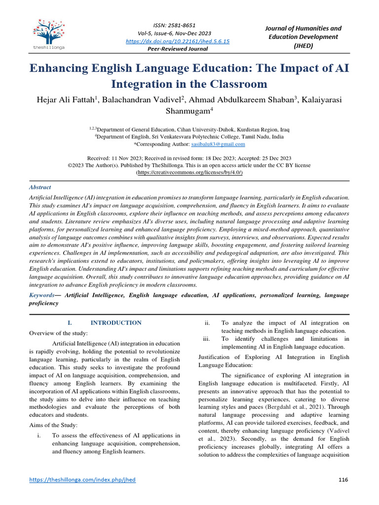 Enhancing English Language Education: The Impact of AI Integration in ...