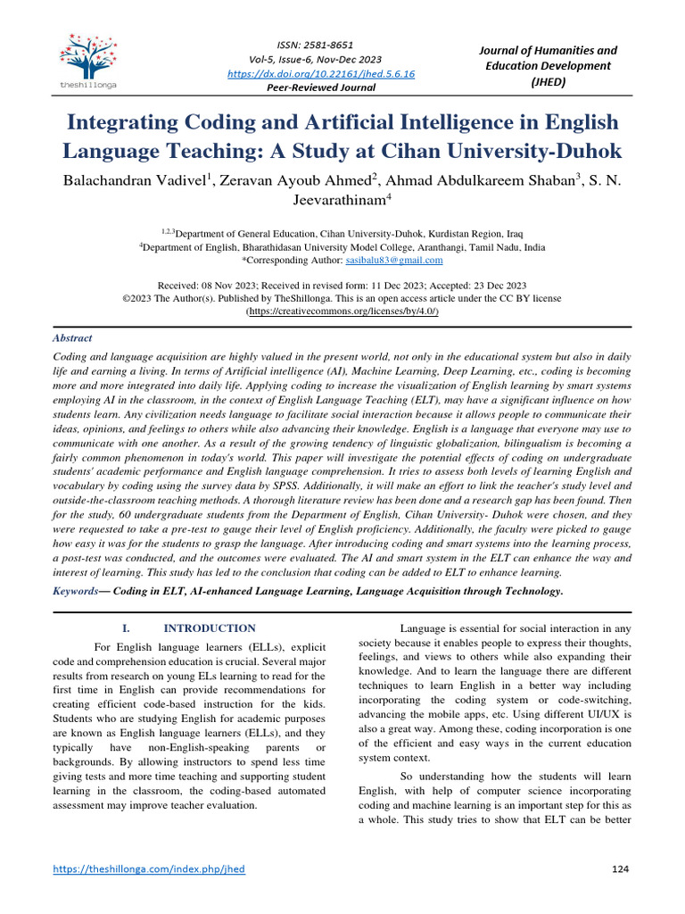 Integrating Coding and Artificial Intelligence in English Language Teaching: A Study at Cihan ...