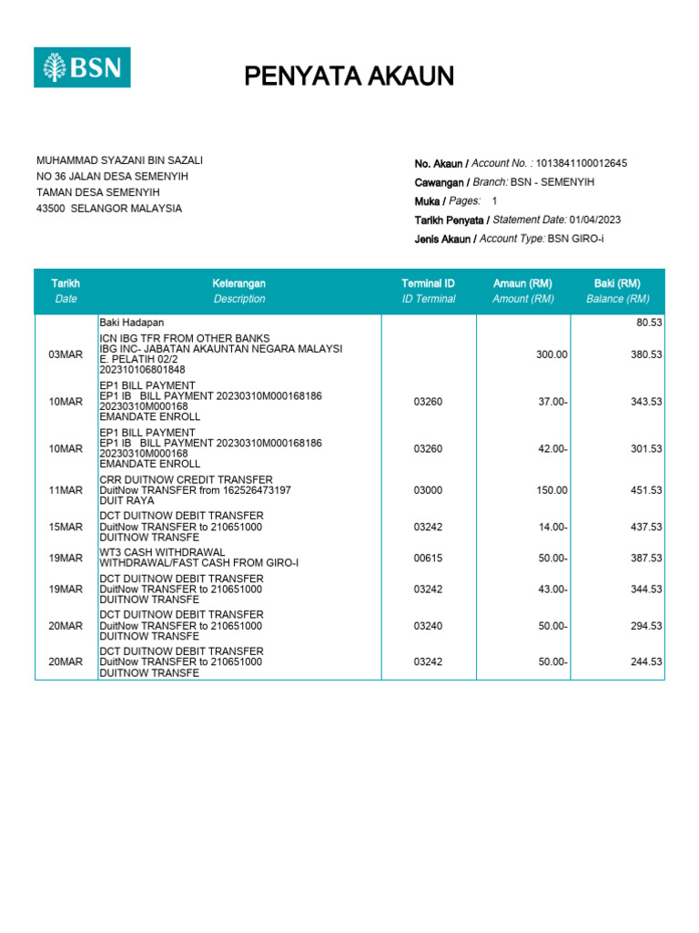 Statement BSN Syazani | PDF | Finance & Money Management